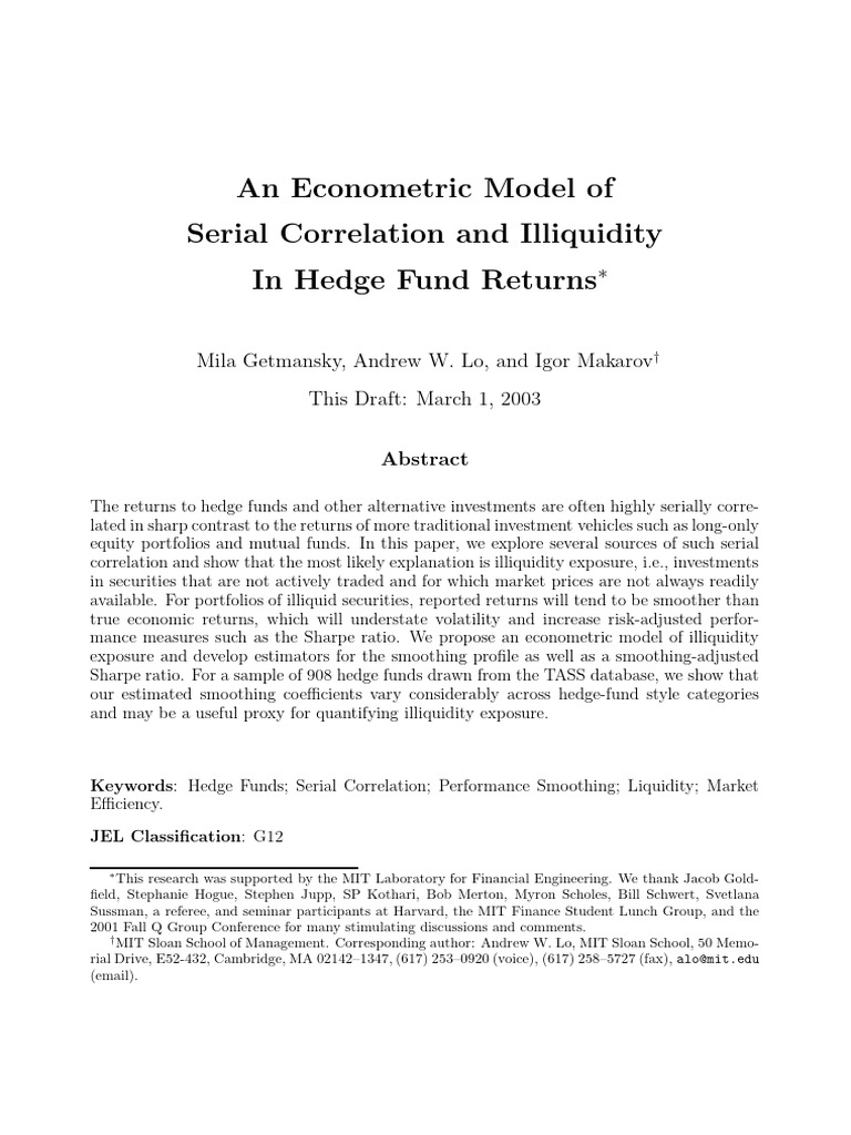 An Econometric Model of Serial Correlation and Illiquidity in Hedge Fund Returns | PDF | Hedge ...