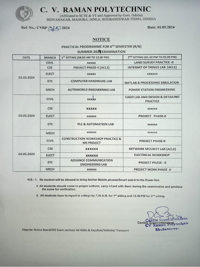 6th Semester Practical Examination Schedule Summer 2024 | PDF