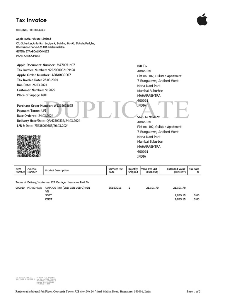 AirPods Pro BILL | PDF | Invoice | Payments