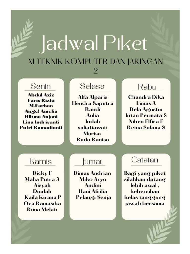 Jadwal Piket Xi TKJ 2 | PDF