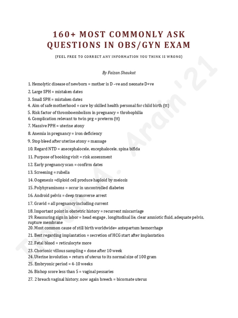 160+ Common OBS/GYN Exam Questions | PDF | Pregnancy | Childbirth