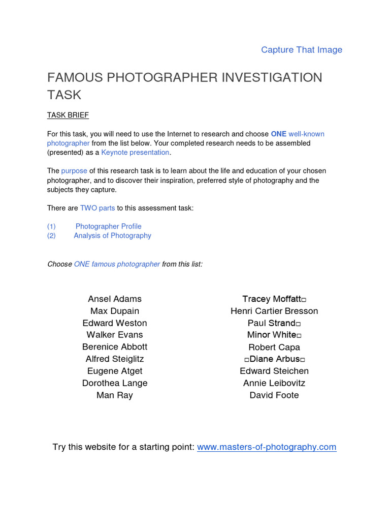 Famous Photographer Investigation Task 2019 | Download Free PDF ...