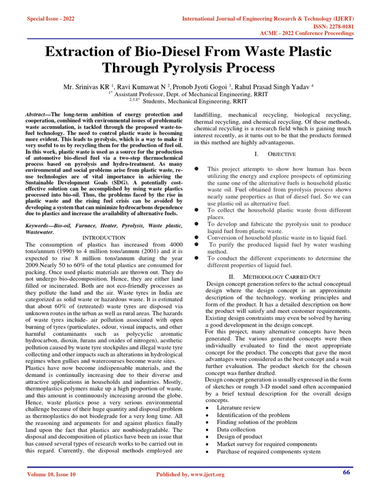Extraction of Biofuel From Waste Plastic | PDF | Pyrolysis | Waste