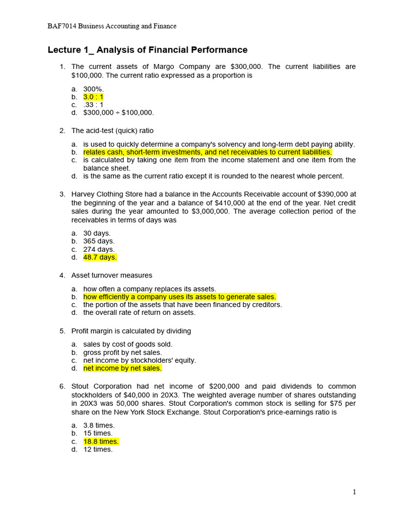 Lecture 1 - Analysis of Financial Performance - Q | PDF | Equity ...