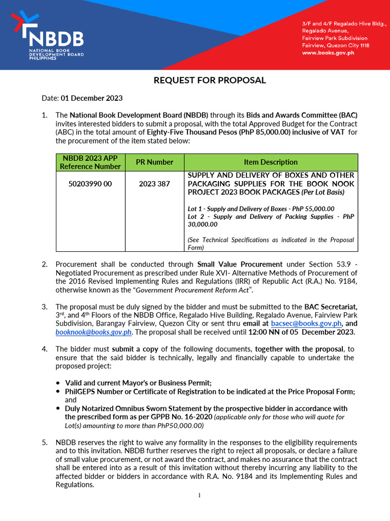 Approved RFP Form - BN Boxes & Supplies | PDF | Request For Proposal