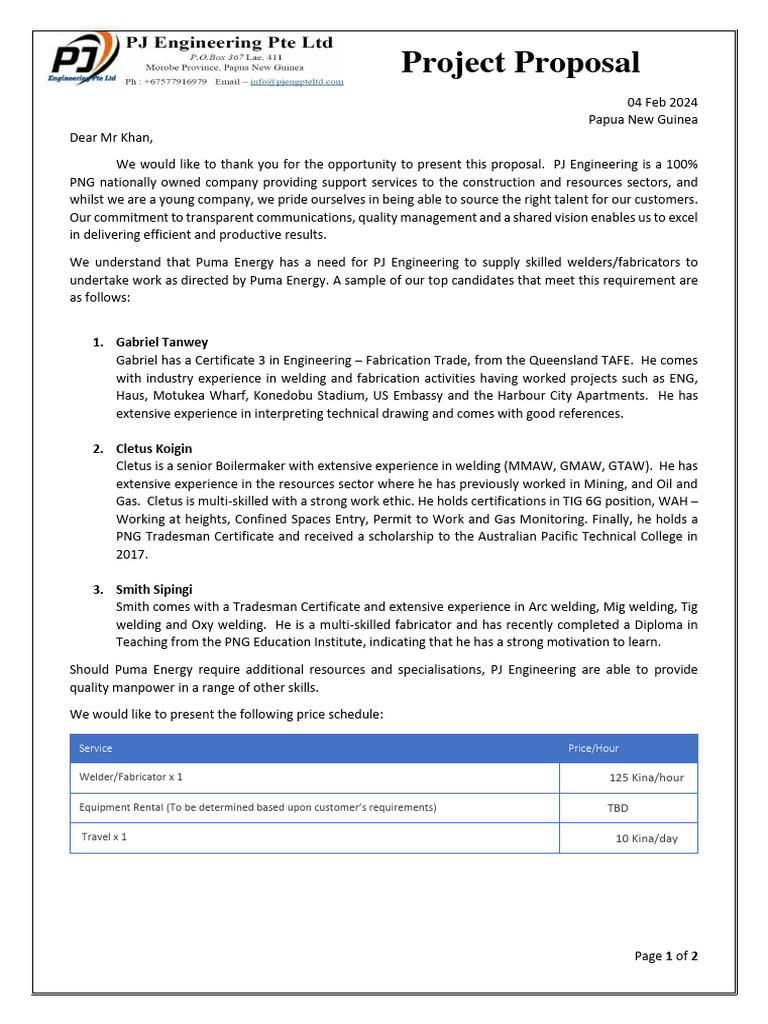 PJ Engineering Proposal | PDF | Papua New Guinea | Welding