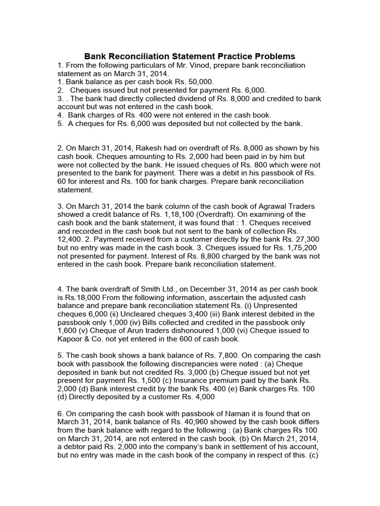 Bank Reconciliation Statement Practice Problems | PDF | Banks | Cheque