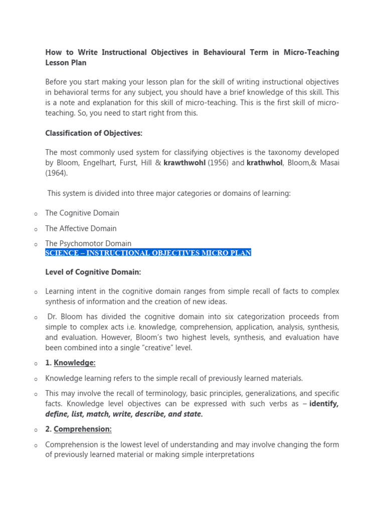 How To Write Instructional Objectives in Behavioural Term in Micro | PDF | Learning | Affect ...