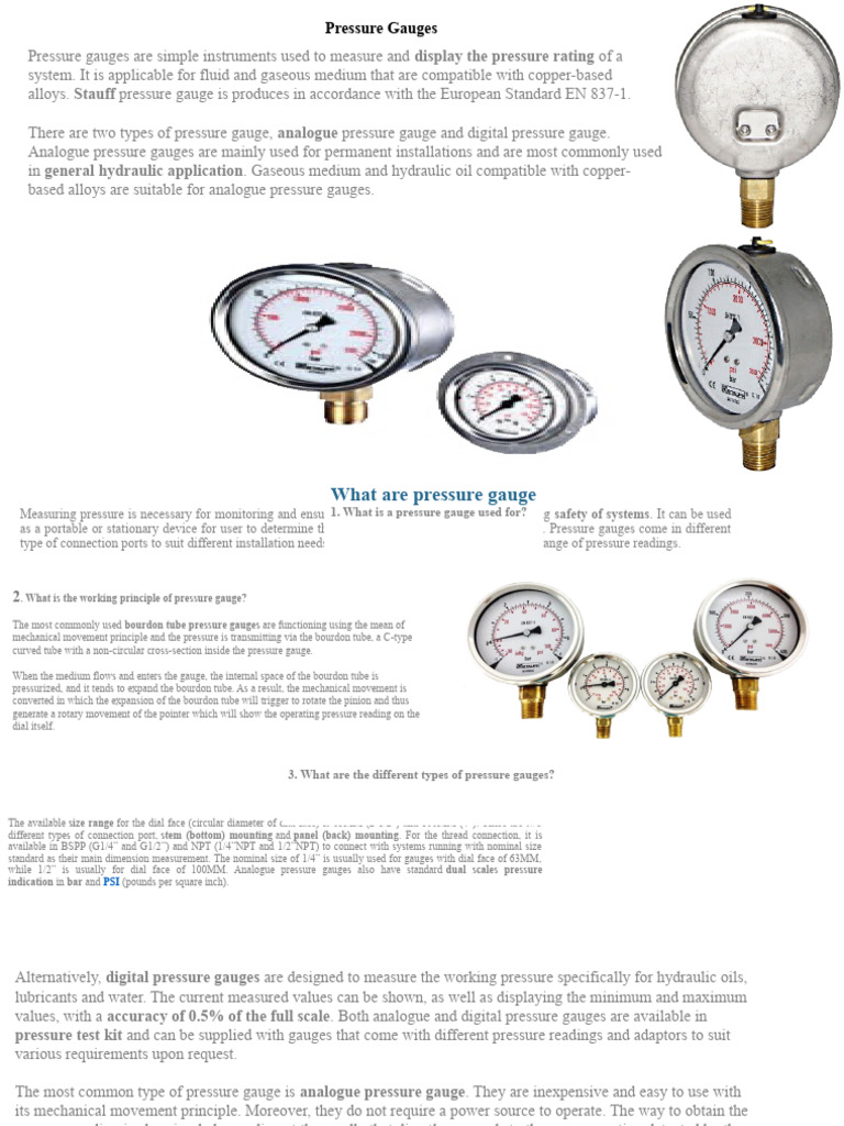 Types and Uses of Pressure Gauges | PDF | Pressure Measurement ...