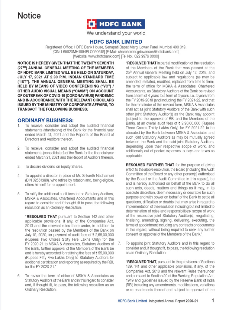 HDFC Notice | PDF | Reserve Bank Of India | Audit