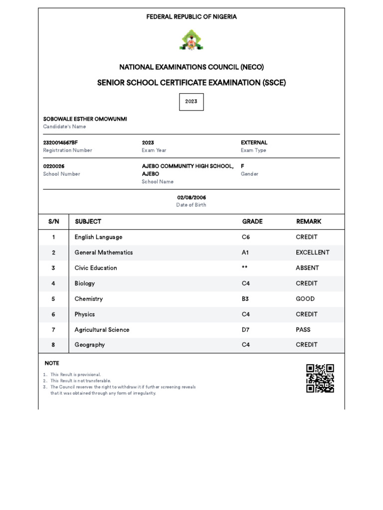 NECO Results Portal | PDF