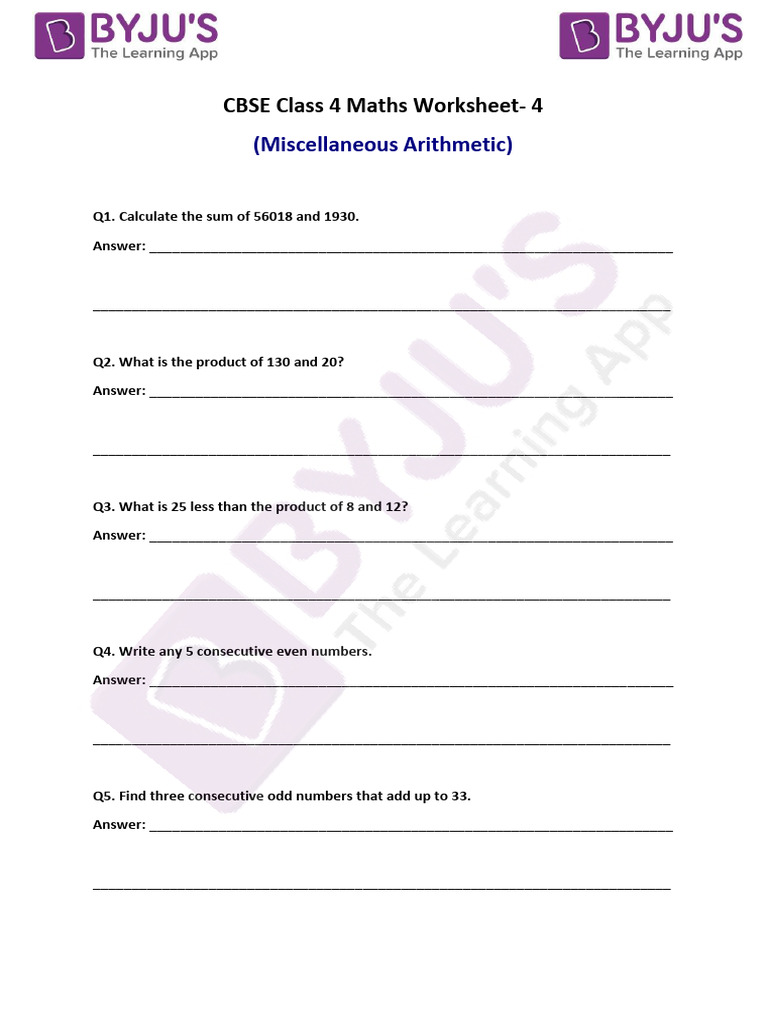 CBSE Class 4 Maths Worksheet 4 | PDF