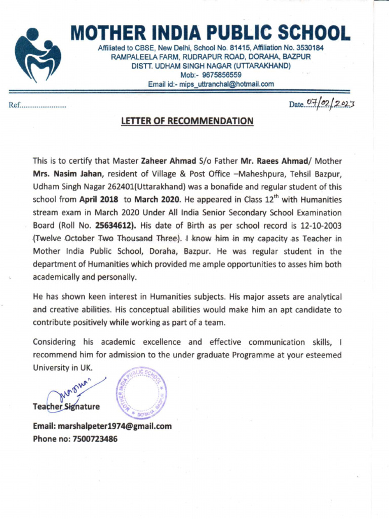 Mother India LOR 2 | PDF