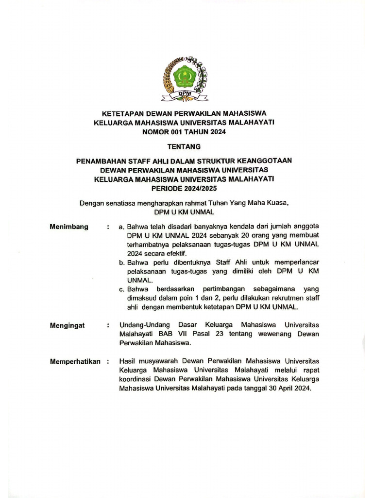 Tap DPM U KM Unmal Nomor 001 Tahun 2024 | PDF
