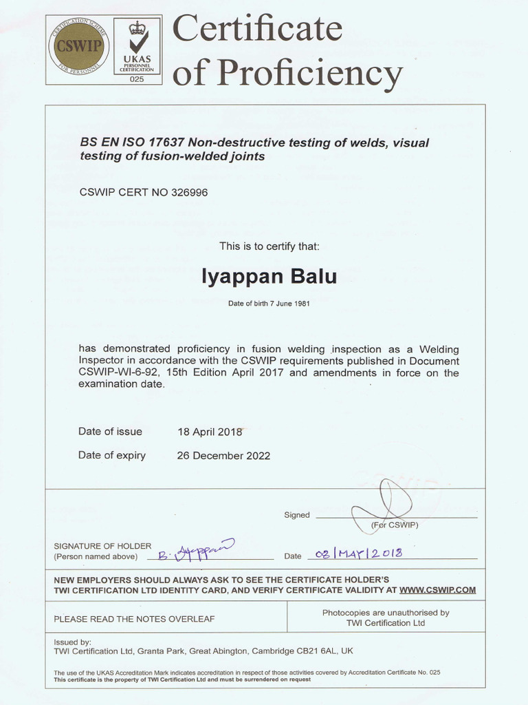 Cswip Cwi Certificate Copy of Iyappan Balu | PDF
