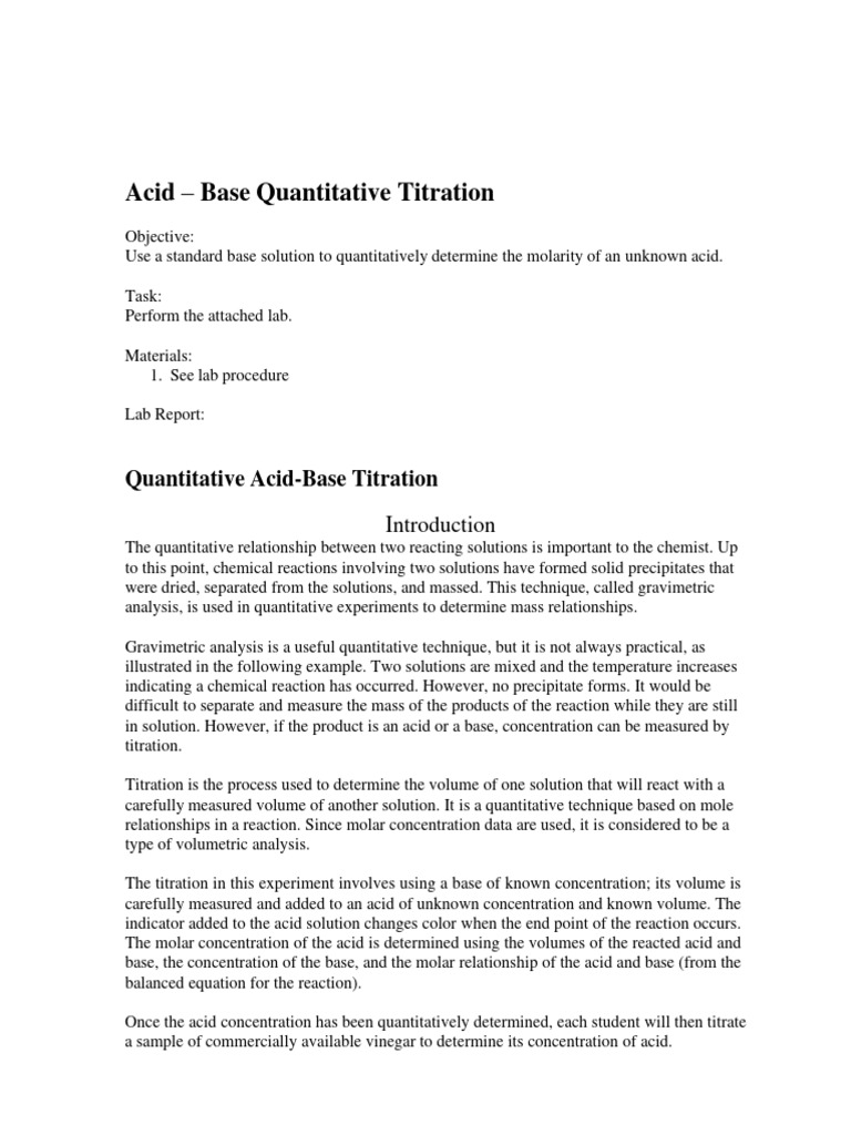 Acid-Base Titration Lab Report | PDF | Titration | Chemistry