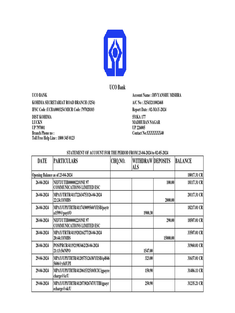 UCO Bank Statement Summary | PDF | Banking | Financial Services