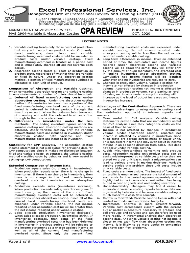 Variable vs Absorption Costing Guide | PDF | Cost Of Goods Sold | Inventory