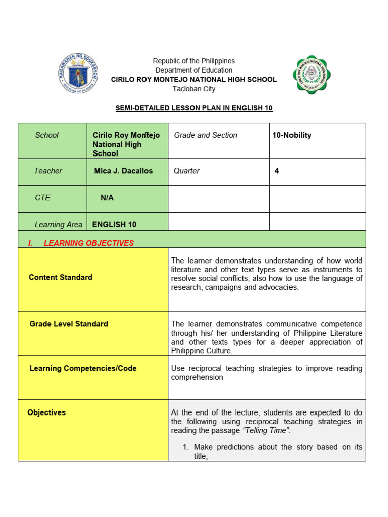 Reciprocal Teaching in English 10 Lesson | PDF | Learning | Behavior ...