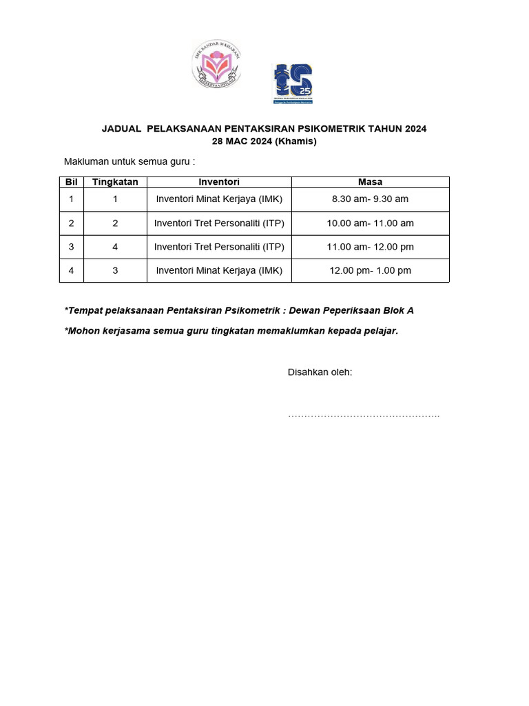 Jadual Pelaksanaan Psikometrik 2024 | PDF