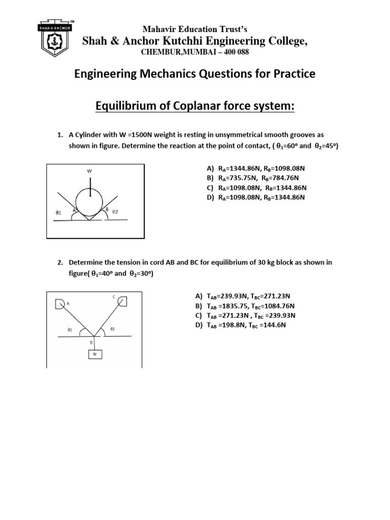 Engineering Mechanics Questions For Practice IA2 (2020-21) | PDF ...