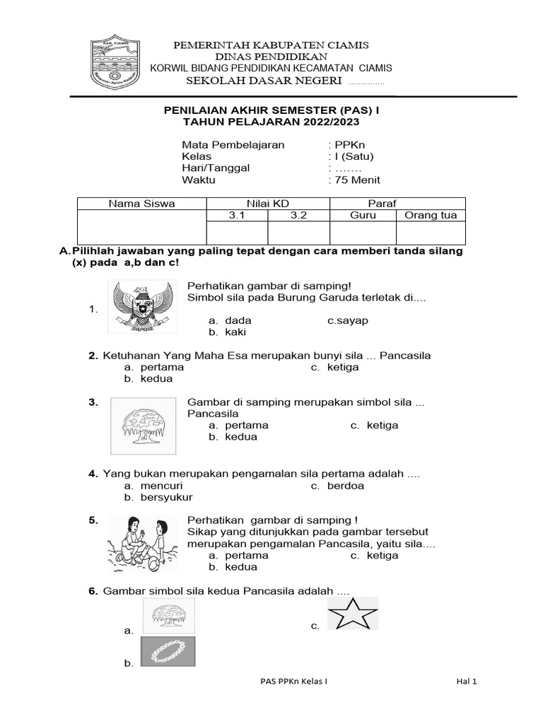 SOAL PAS PPKN KLS 1 TP 2022-2023 | PDF