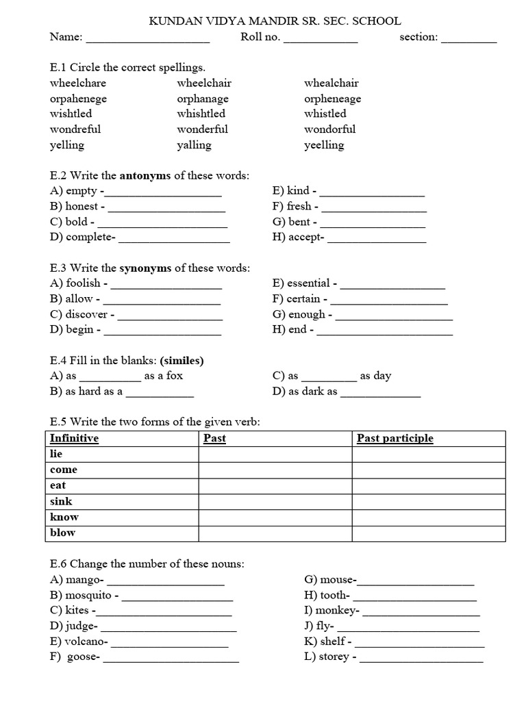 Vocab Worksheet Class IV | PDF