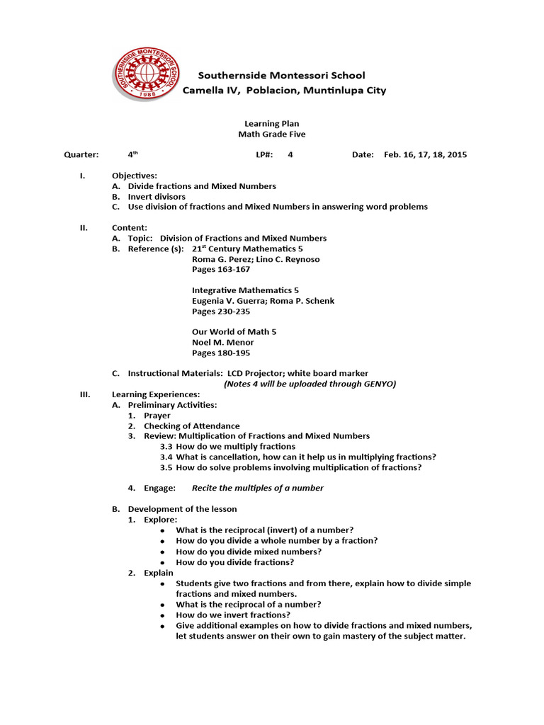Grade 5 Math: Dividing Fractions | PDF | Elementary Mathematics ...