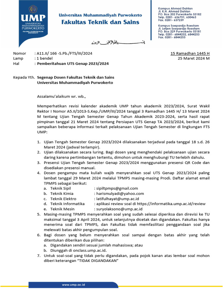 TS - Pengantar Jadwal UTS Genap 2023-2024 | PDF | Sains & Matematika