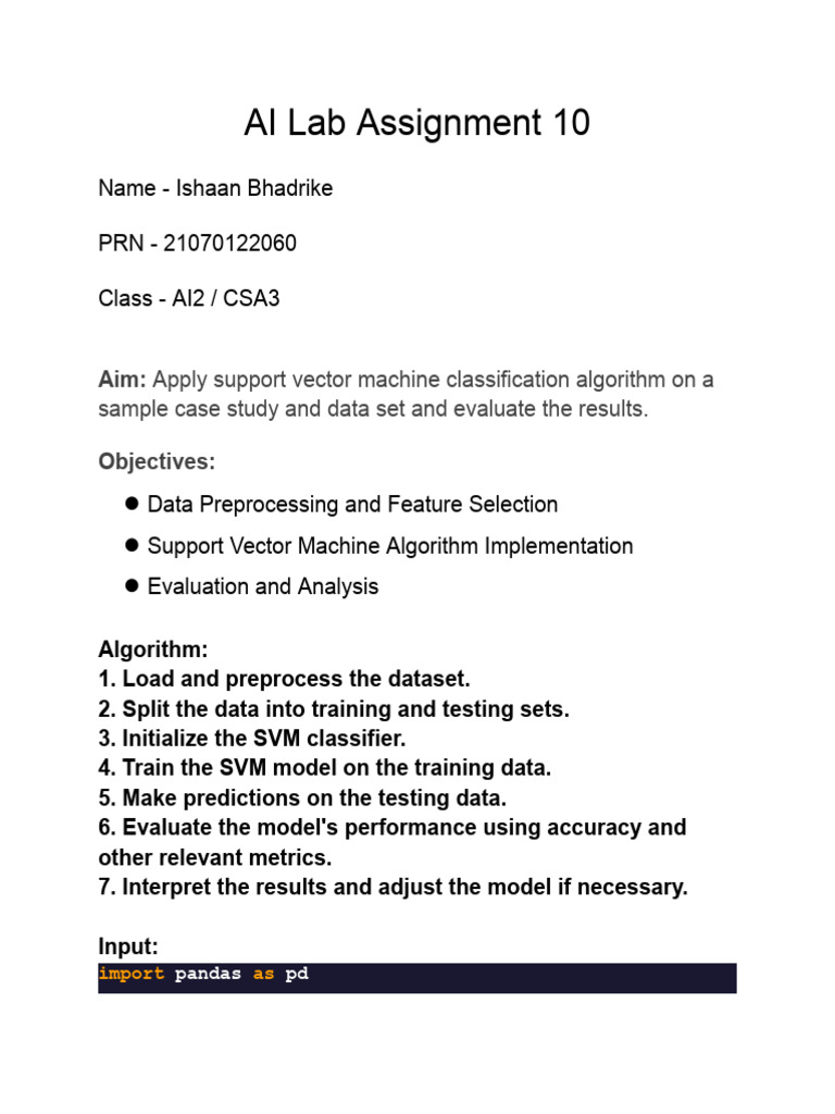 AI Lab Assignment-10 Ishaan Bhadrike | PDF | Support Vector Machine | Machine Learning