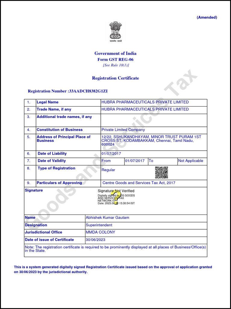 Hubra Pharmaceuticals GST Registration | PDF | Taxes | Government