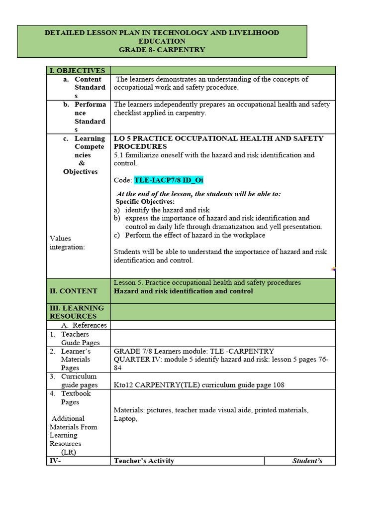 At The End of The Lesson, The Students Will Be Able To:: Specific Objectives | PDF | Hazards ...