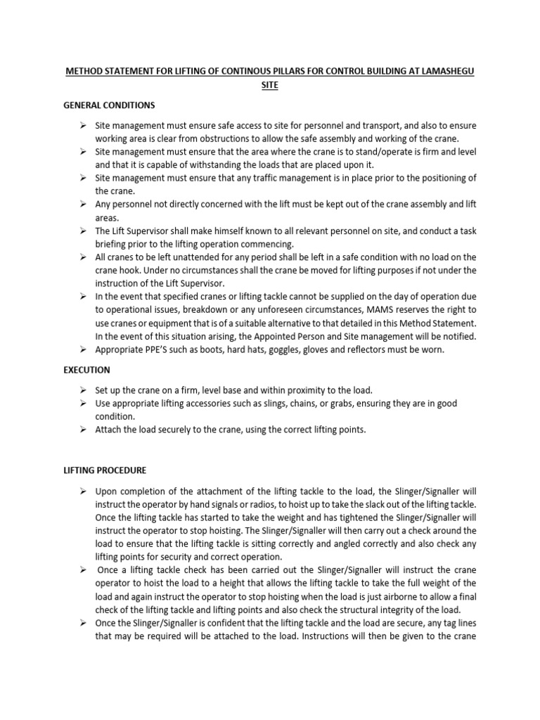 Method Statement For Lifting of Continous Pillars For Control Building ...