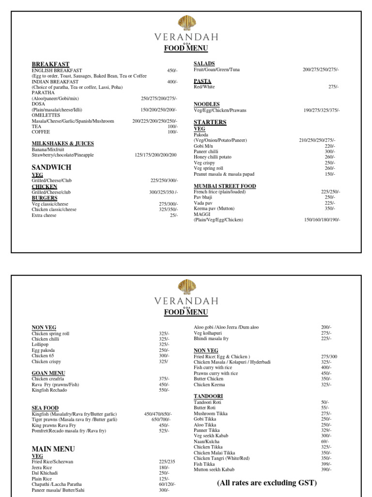 Verandah Goa Menu | PDF | Hamburgers | Food And Drink Preparation