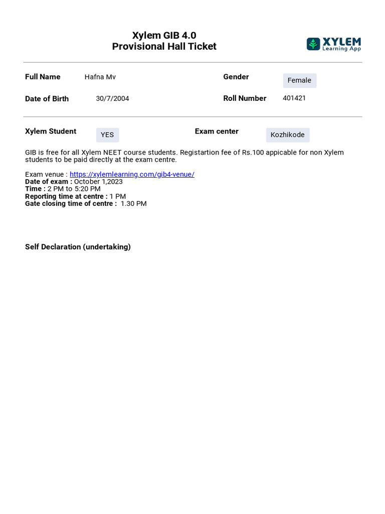 Xylem GIB 4.0 Provisional Hall Ticket: Full Name Gender Roll Number Date of Birth | PDF