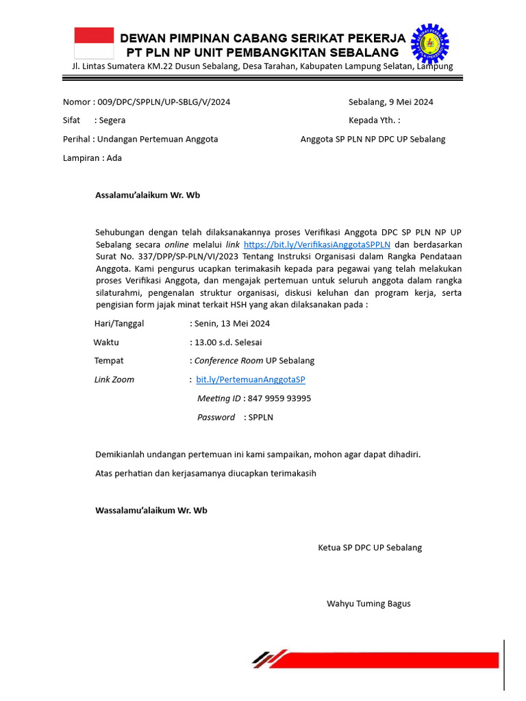 Undangan Pertemuan SP PLN Sebalang | PDF