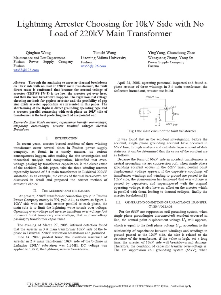 Lightning Arrester Choosing For 10kV Side With No Load of 220kV Main Transformer | Download Free ...