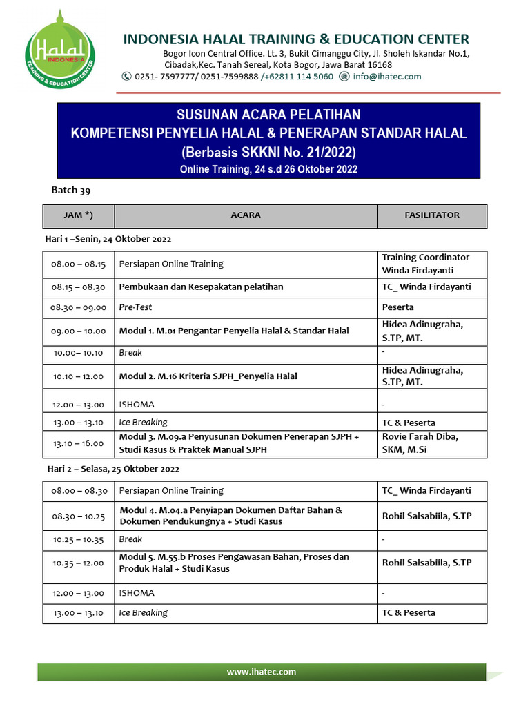 1.1. F.05.01-04 Form Susunan Acara Pelatihan Kompetensi Penyelia Halal - Batch 39 (ONLINE) | PDF