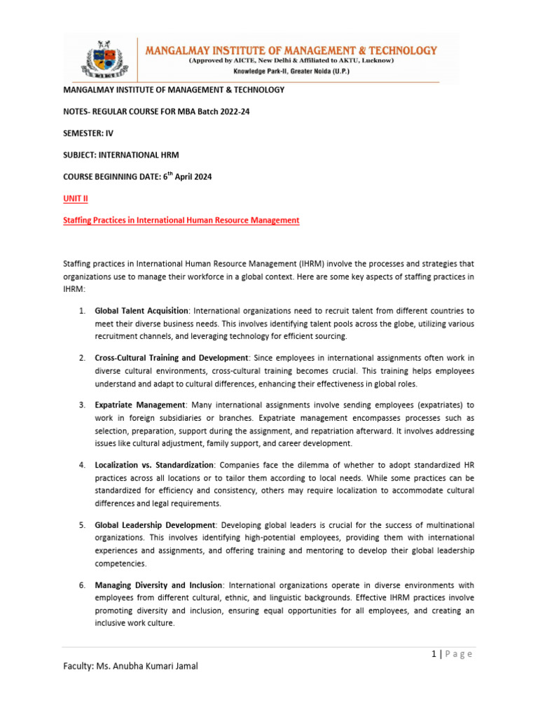 IHRM Notes UNIT 2 MBA Batch 2022-24 Semester 4 | PDF | Recruitment ...