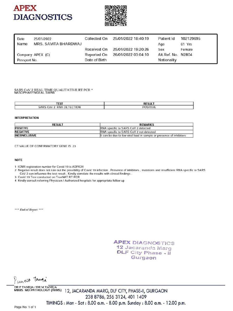 Savita Bharadwaj Covid Report | PDF