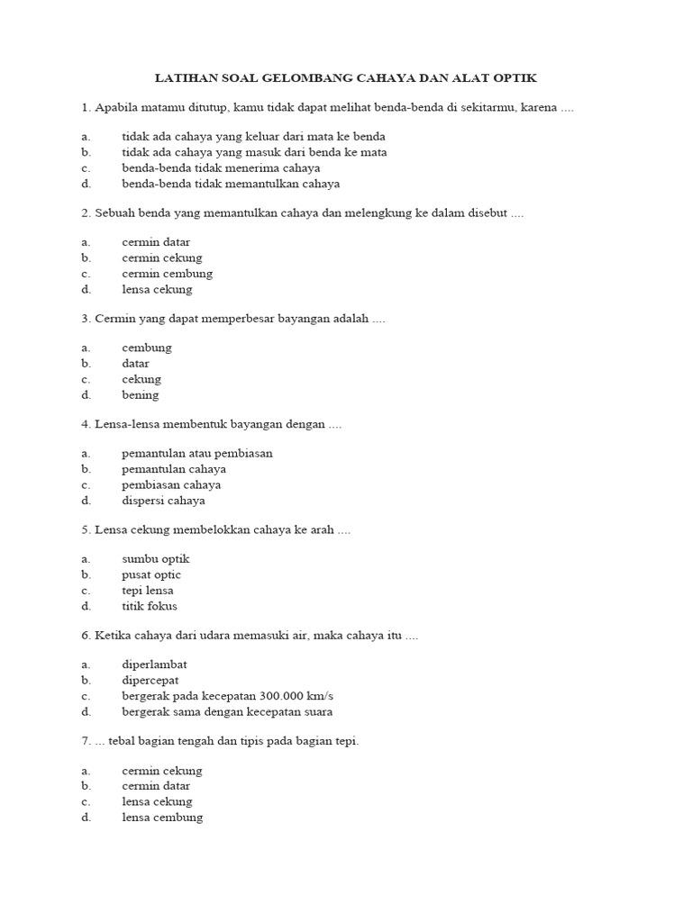 Latihan Soal Gelombang Cahaya Dan Alat Optik | PDF | Metode & Bahan Ajar | Seni