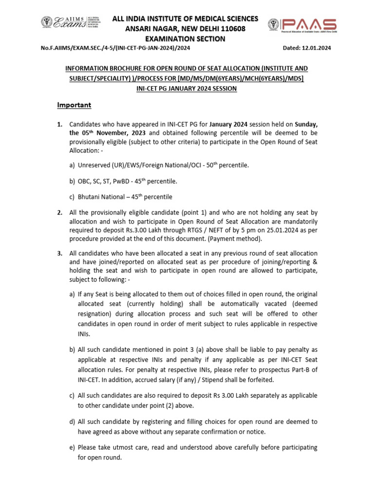 INI-CET PG January 2024 Seat Allocation Guide | PDF | Doctor Of ...
