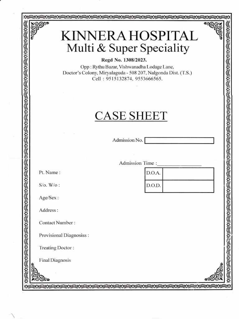 Kinnera Hospital Case Sheet Template | PDF | Science & Mathematics