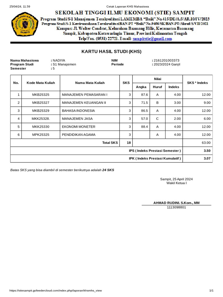 Cetak Laporan KHS Mahasiswa | PDF