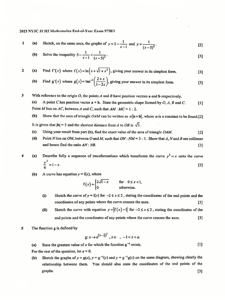 NYJC H2 Maths Promo 2023 QP and Solutions | PDF