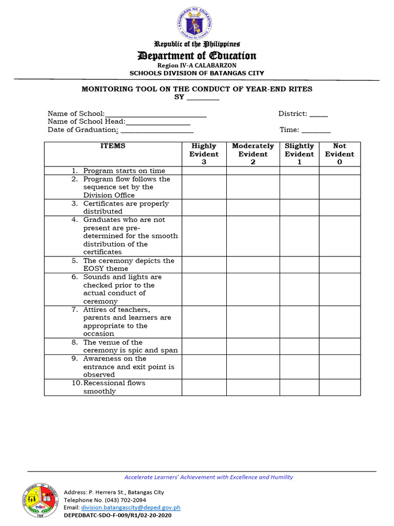 Monitoring Tool On The Conduct of Year End Rites | PDF | Learning
