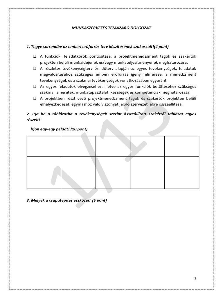 Munkaszervezés Témazáró Dolgozat 1 | PDF