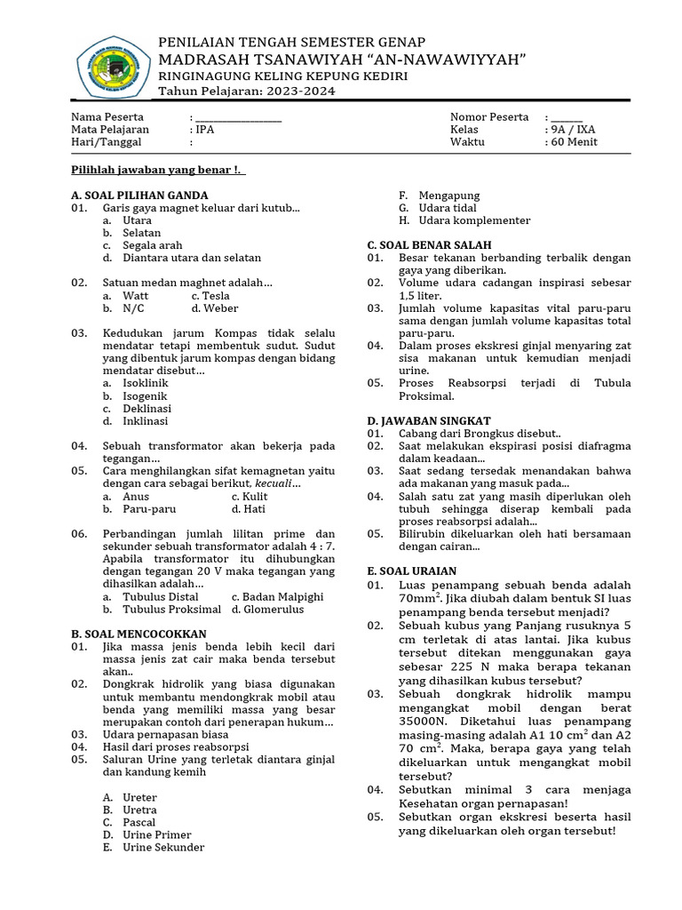 Soal Ipa 9 Pas Genap 2023-2024 | PDF