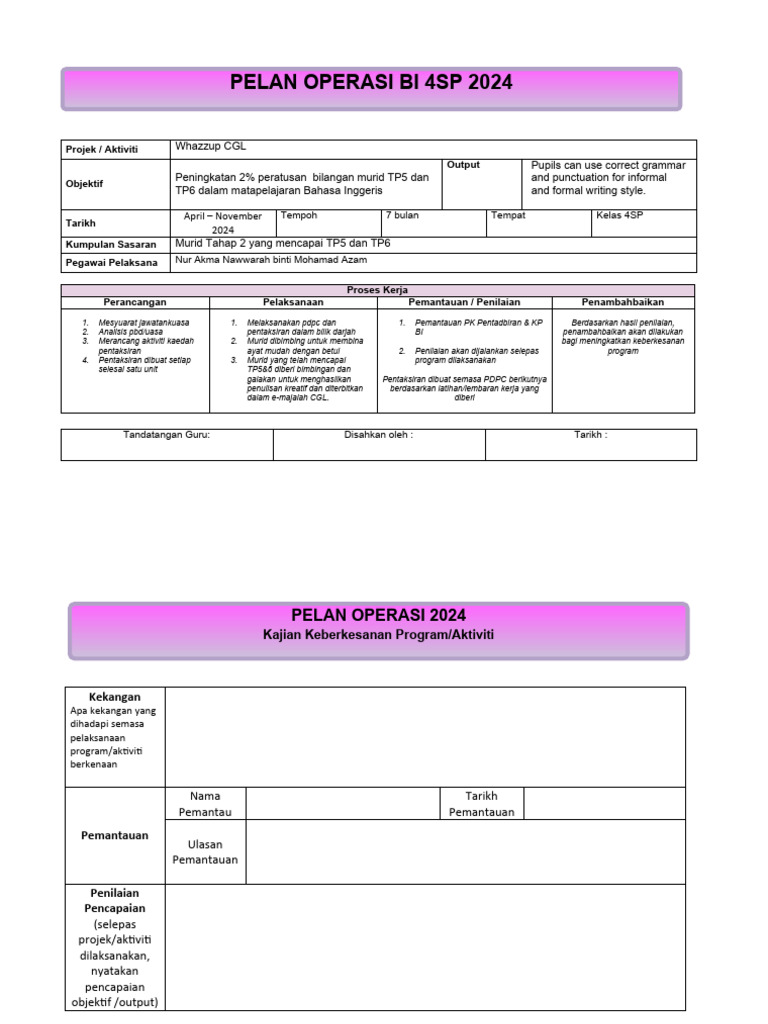 Pelan Operasi BI 4SP 2024 - AKMA | PDF