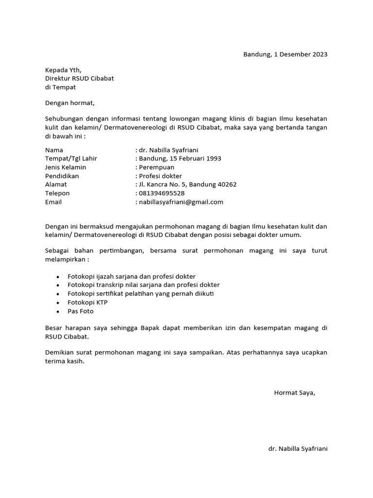 Contoh Surat Permohonan Magang Kerja | PDF